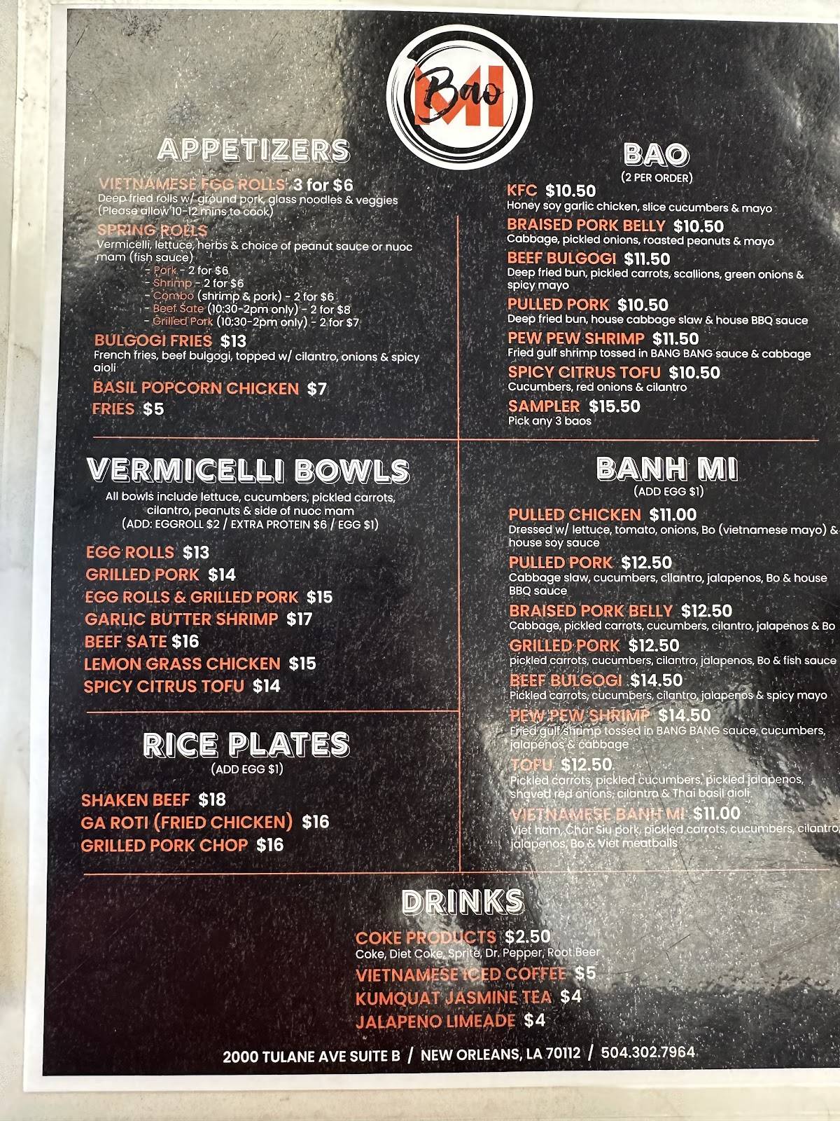 Menu at Bao Mi restaurant, New Orleans