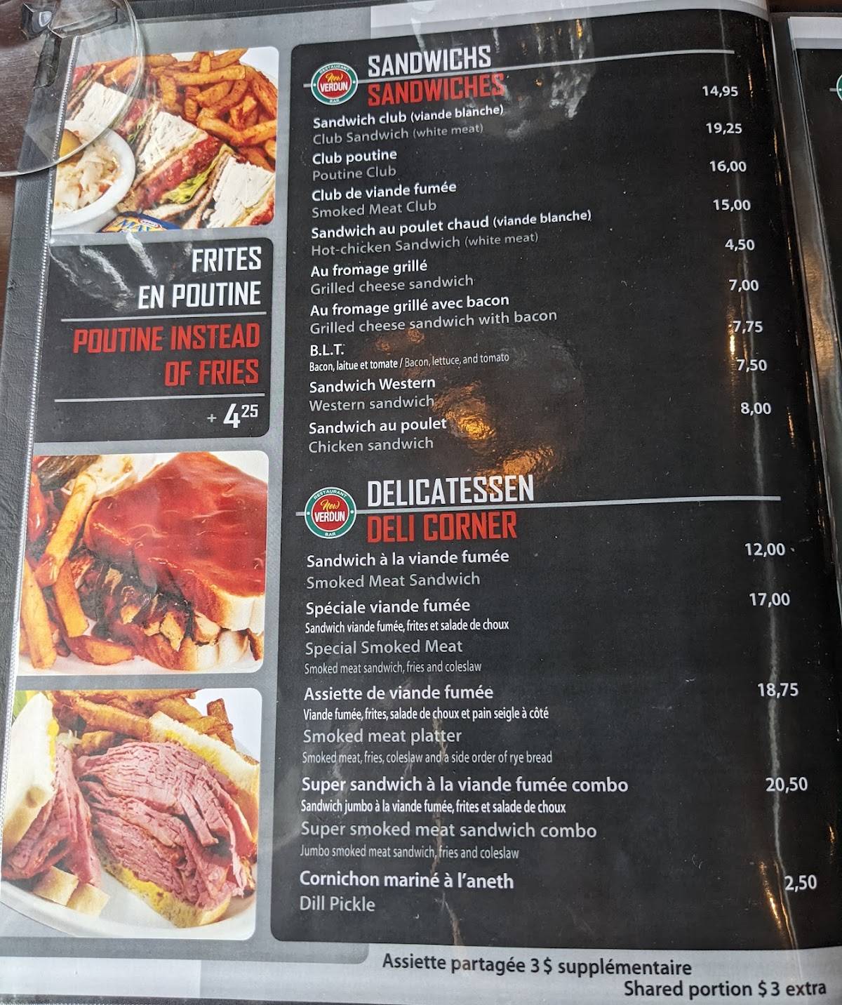 Menu au Nouveau Verdun restaurant, Montréal