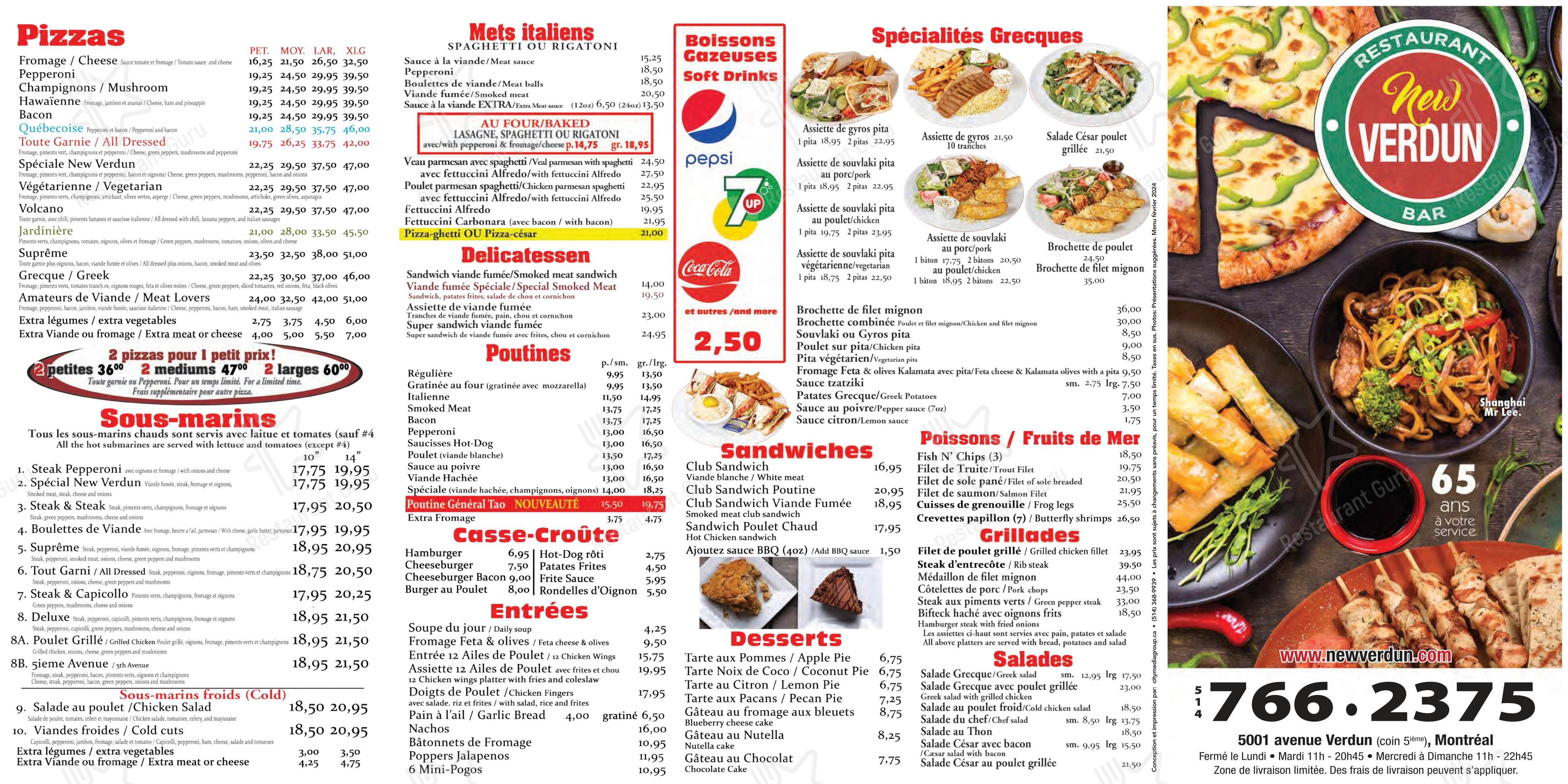 Menu au Nouveau Verdun restaurant, Montréal