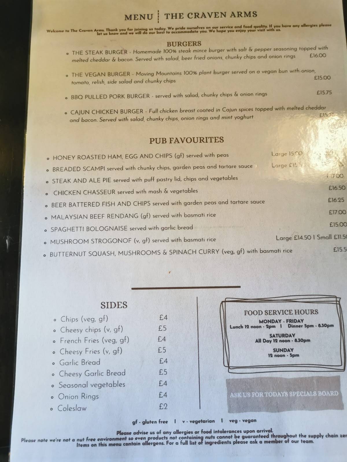 Menu at The Craven Arms pub & bar, Newbury