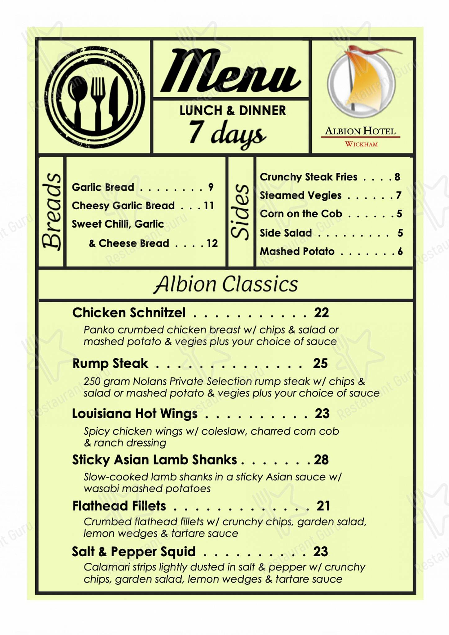 Menu at The Albion Hotel pub & bar, Wickham, 72 Hannell St