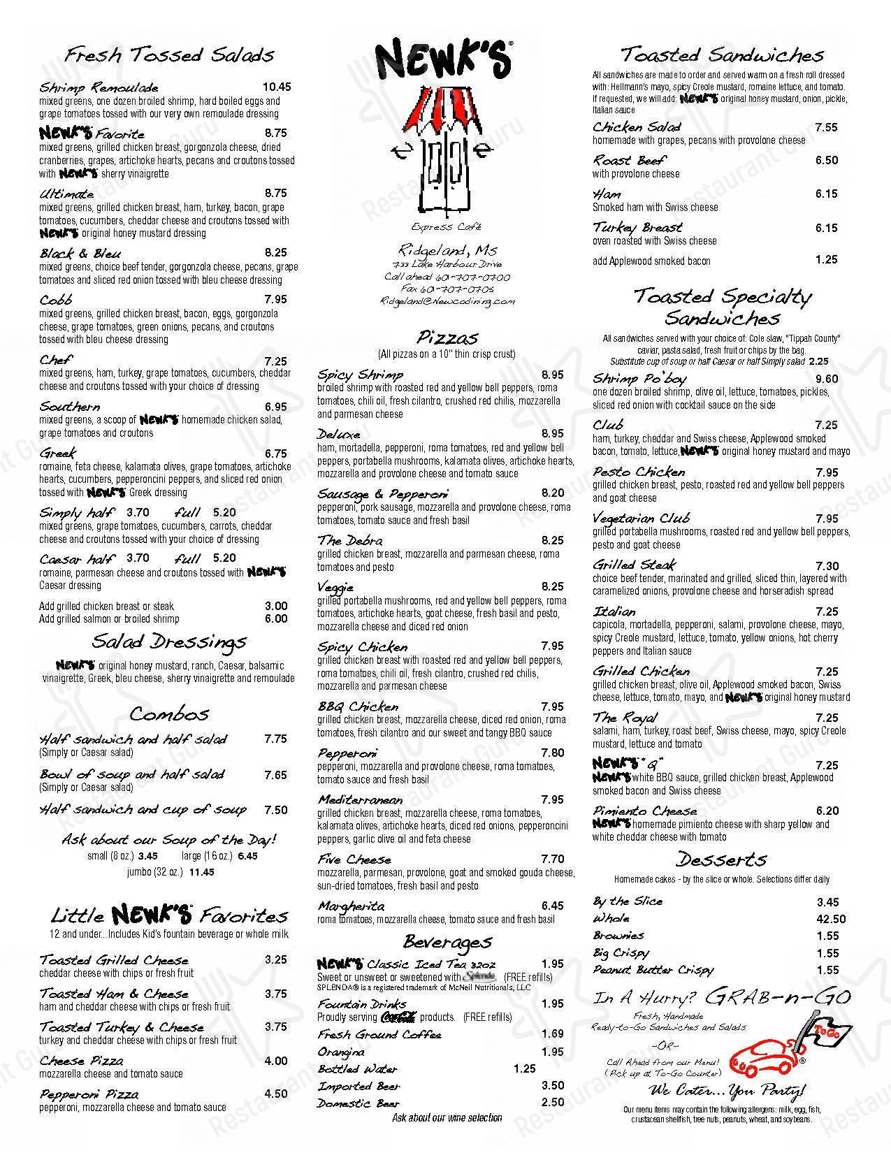 Menu at Newk's Eatery pizzeria, Ridgeland, 733 Lake Harbour Dr