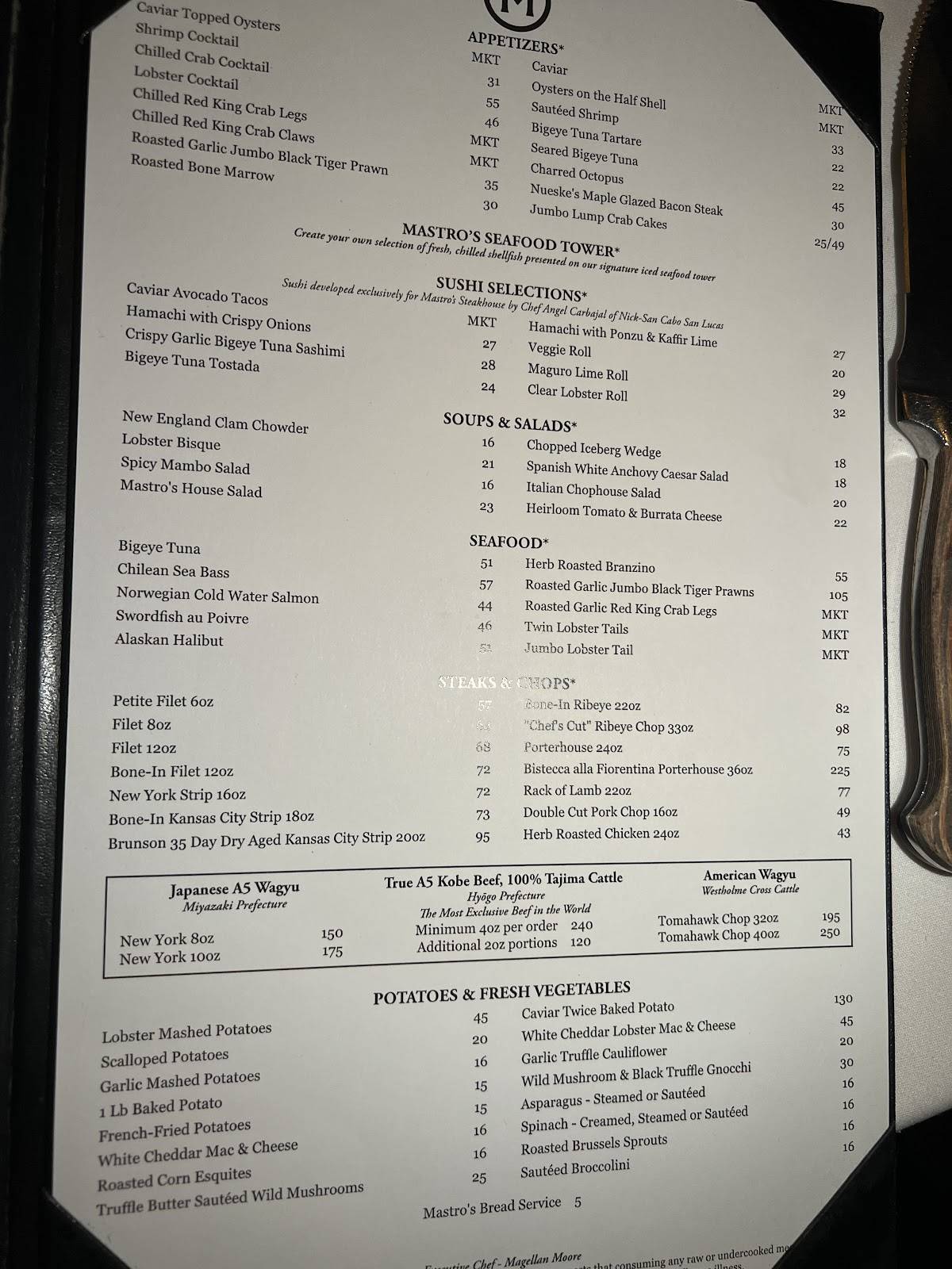 Menu at Mastro's Ocean Club, Newport Beach
