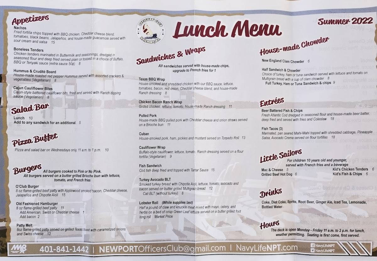 Menu at Newport Officers' Club - US MILITARY BASE, Newport