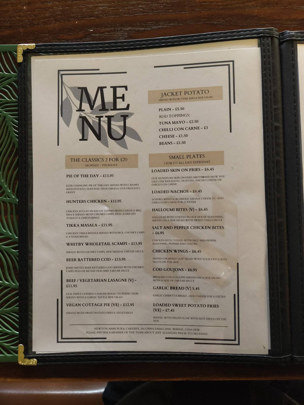 Menu at Newton Arms pub & bar, Birkenhead