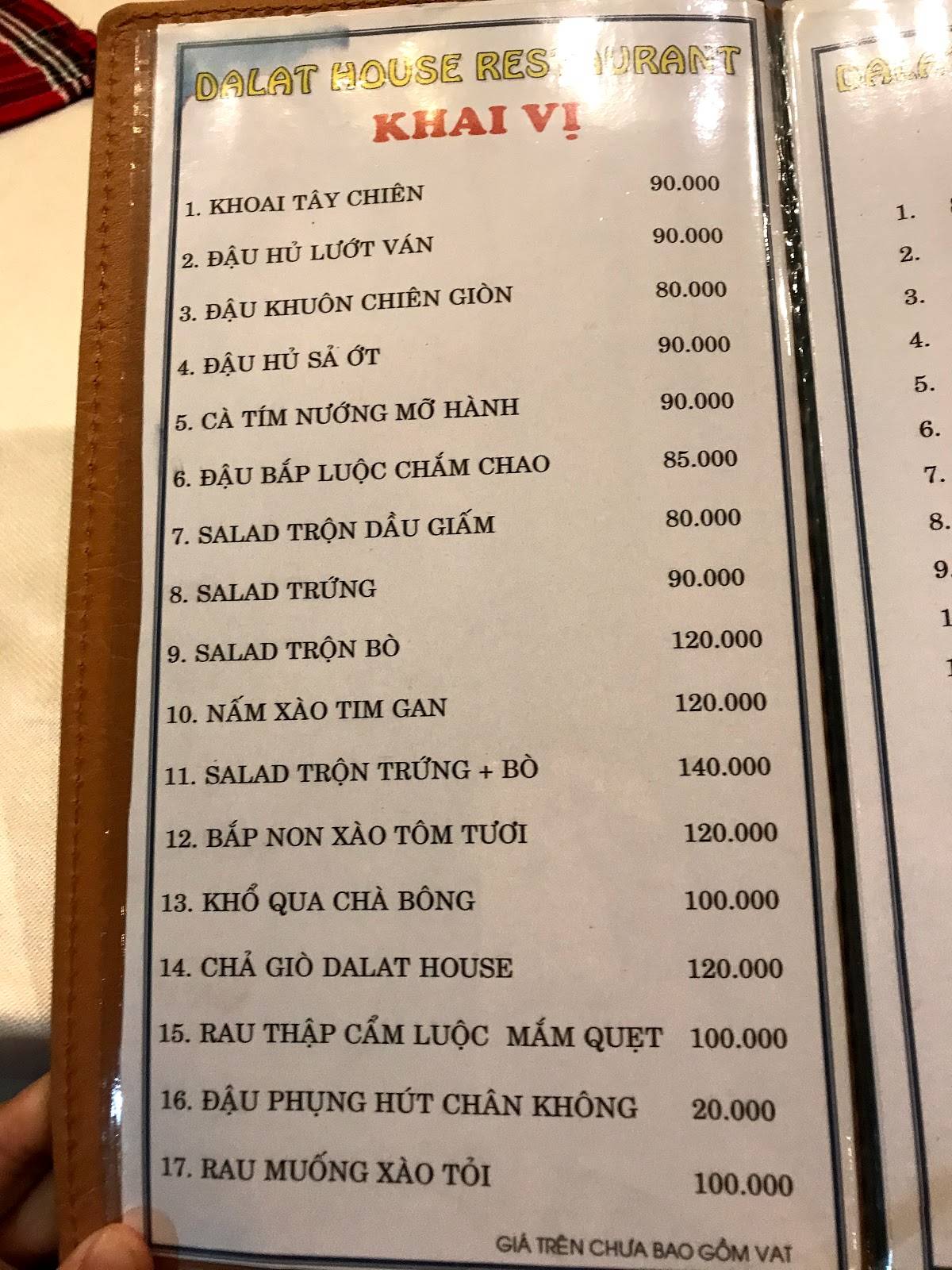 Menu at Nhà Hàng Đà Lạt House restaurant, Dalat