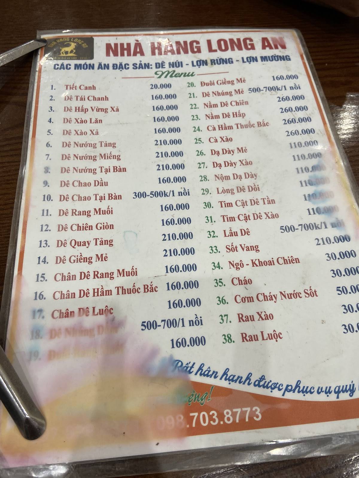Menu at Nhà Hàng Long An 1-Dê Núi restaurant, Phủ Lý