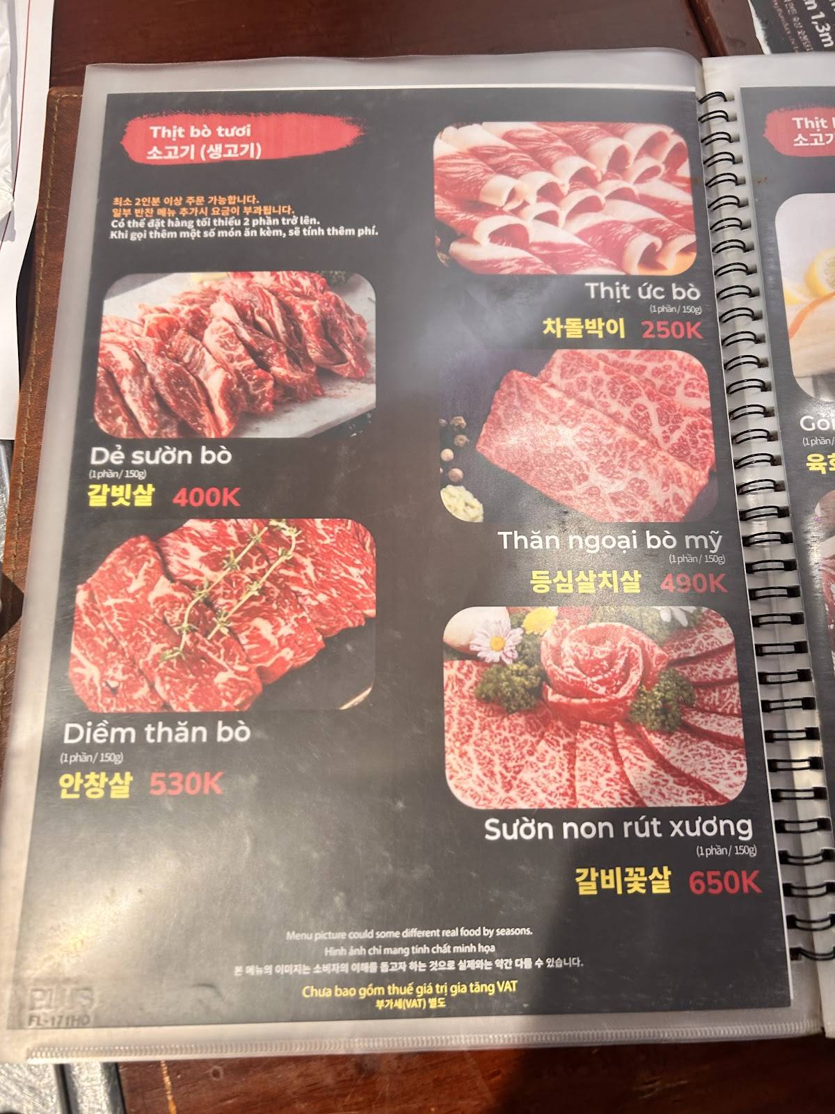 Menu at Nhà hàng Galbi roman restaurant, Hanoi, 20 P. Trần Văn Lai