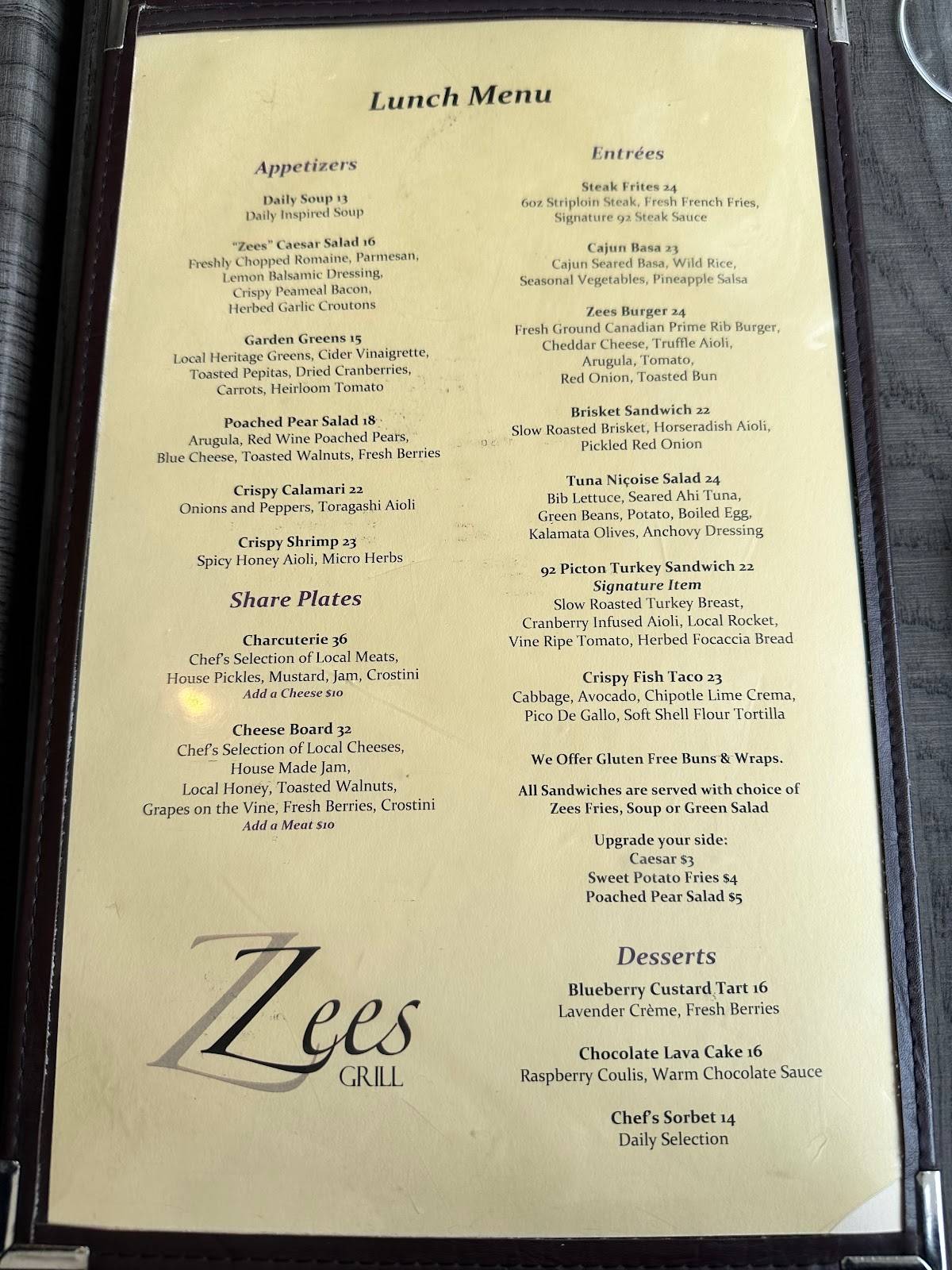 Menu at Zees Wine Bar & Grill, Niagara-on-the-Lake