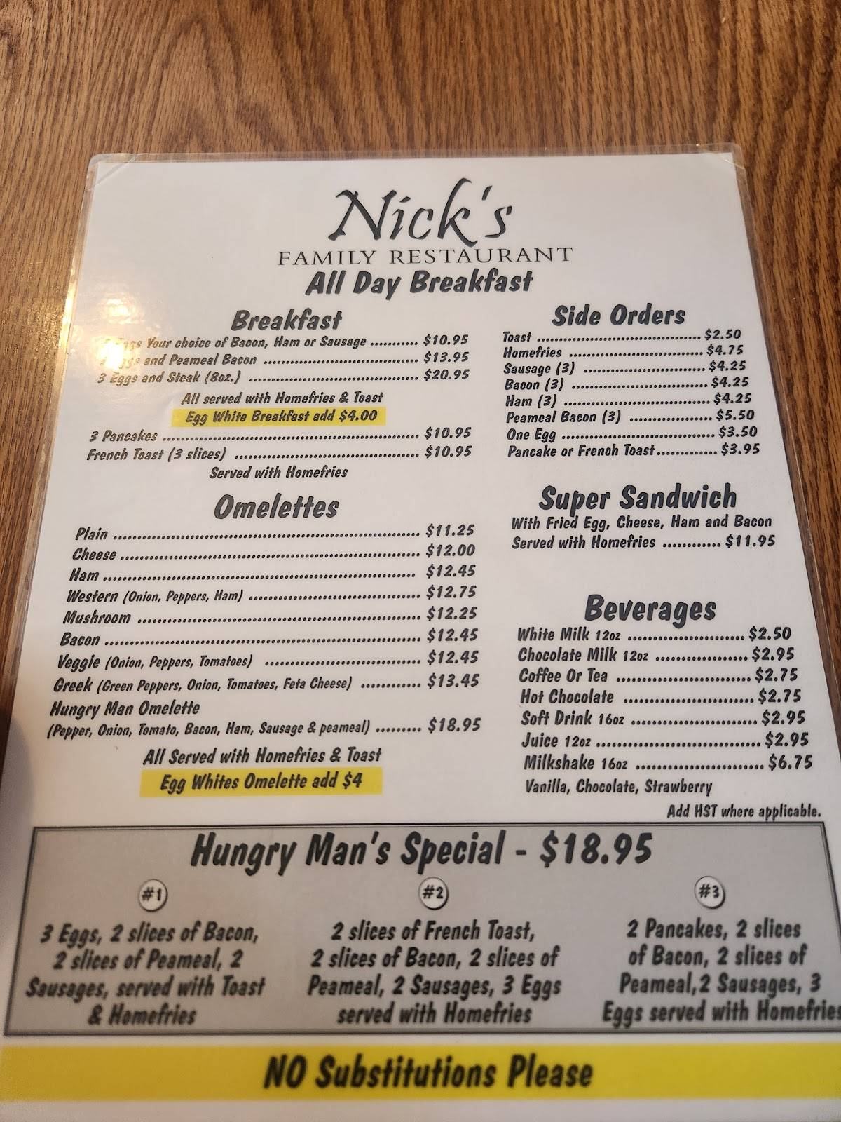 Menu at Nicks restaurant, Bracebridge