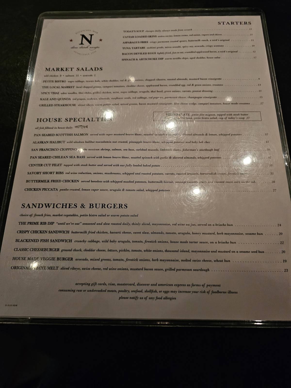 Menu at Nick's Del Mar steakhouse, Del Mar