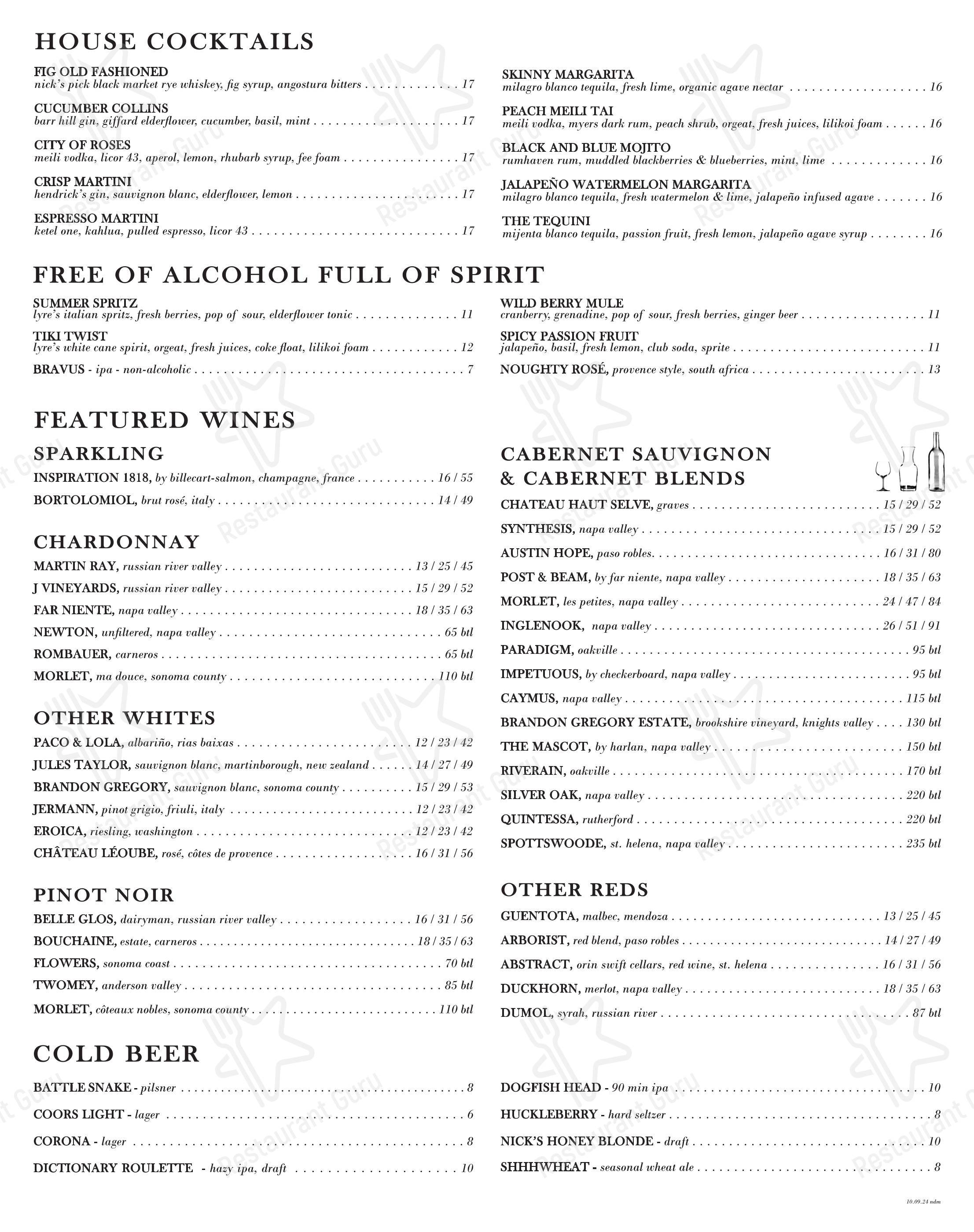 Menu at Nick's Del Mar steakhouse, Del Mar