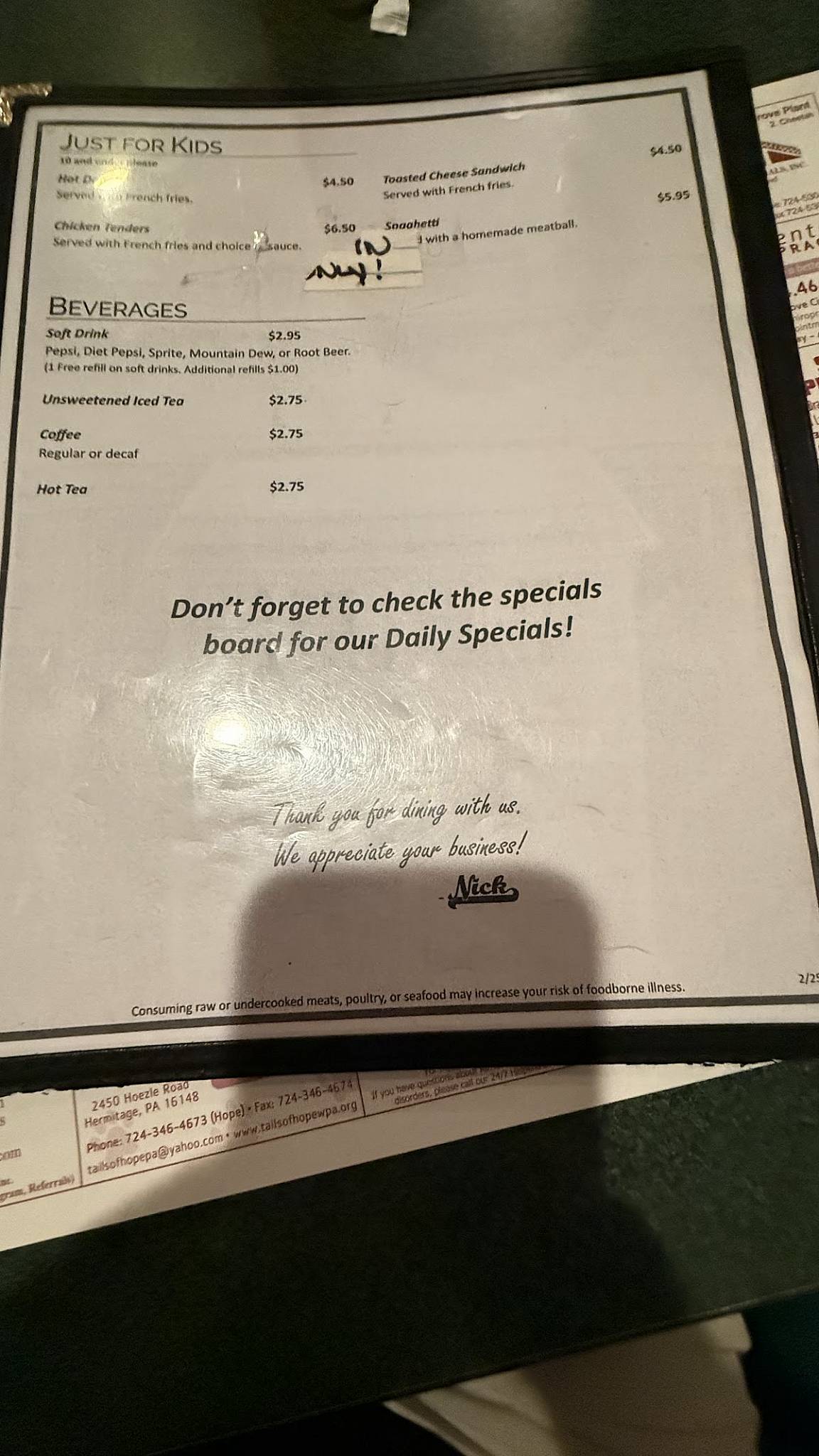 Menu at Nick's Inn 62 Restaurant and Tavern, Hermitage