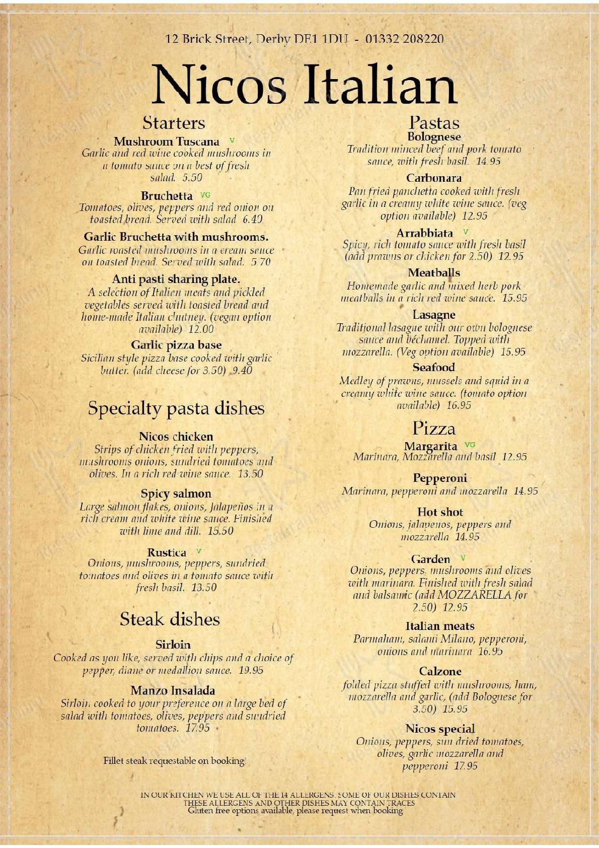 Menu at Nico's restaurant, Derby
