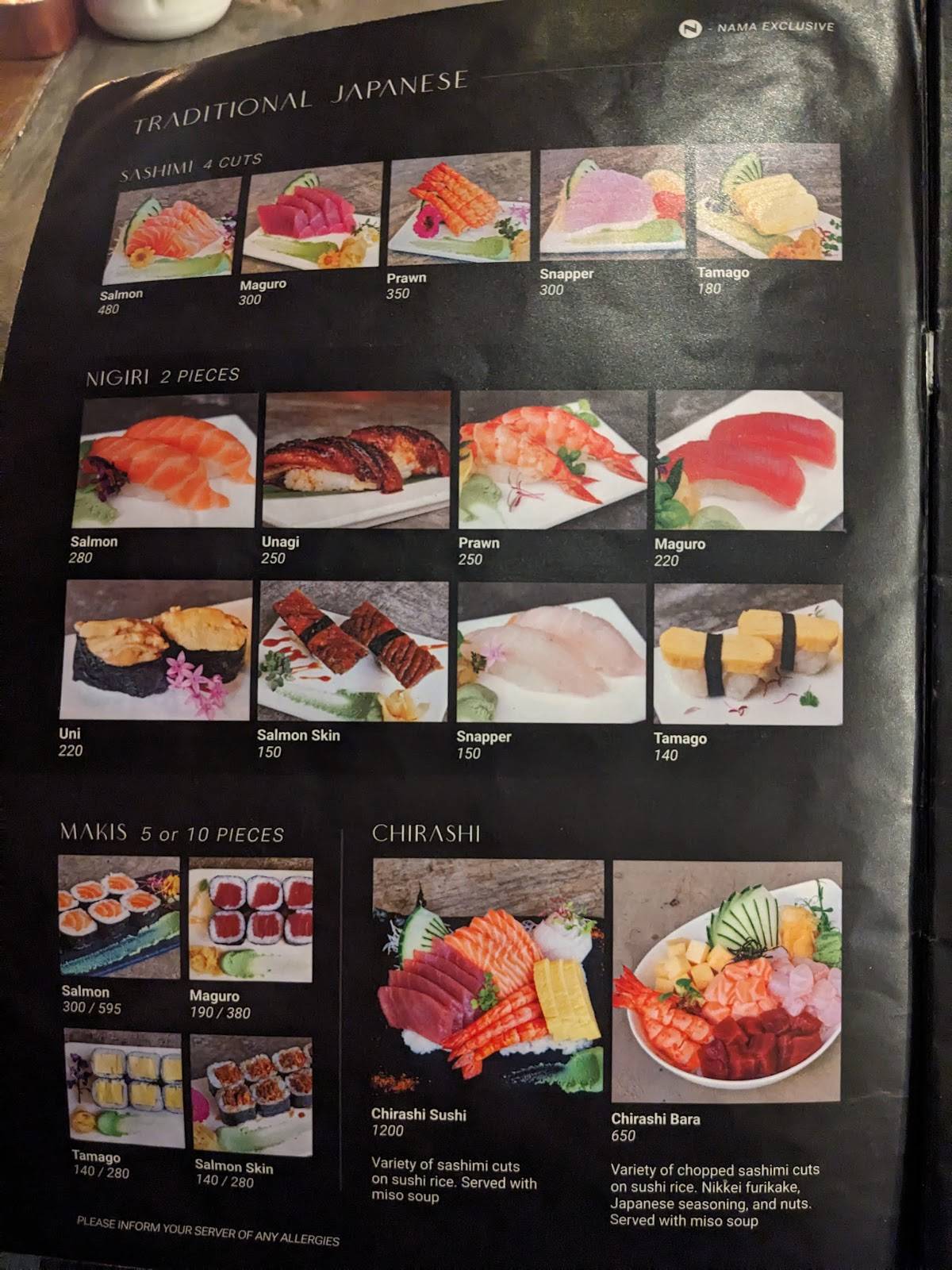 Menu at Nikkei Nama Bar BGC, Taguig, 5 28th Street 2nd Floor View Deck ...