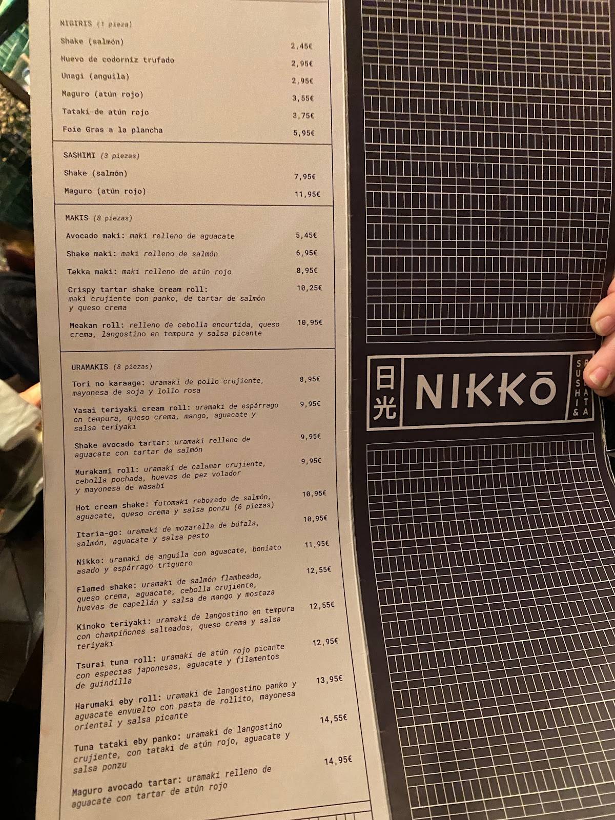 Menu at Nikko restaurant, Bilbao