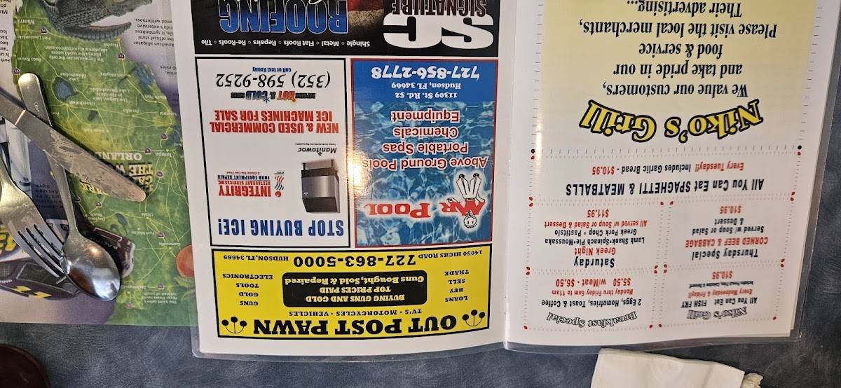 Menu at Nikos Grill restaurant, Hudson