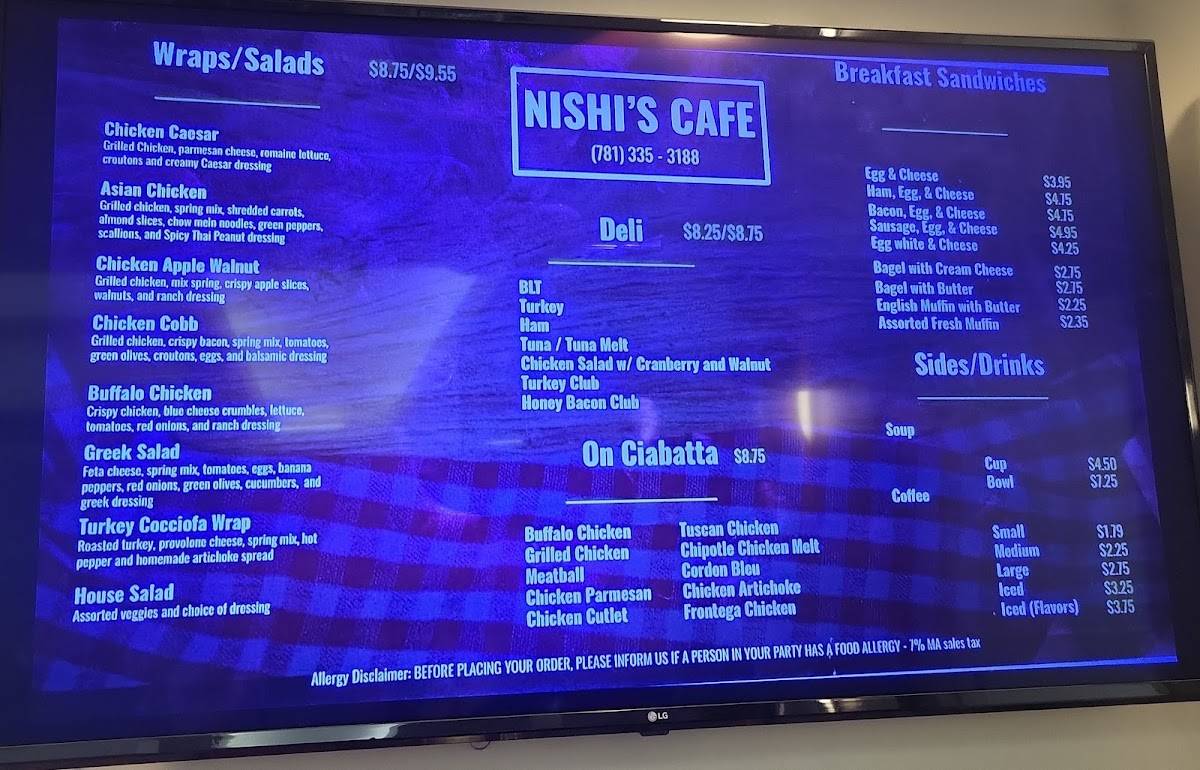 Menu at Nishi Cafe, Weymouth