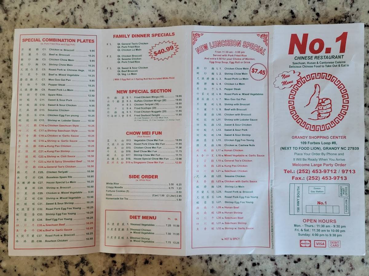 Menu at No 1 Chinese Restaurant, Grandy