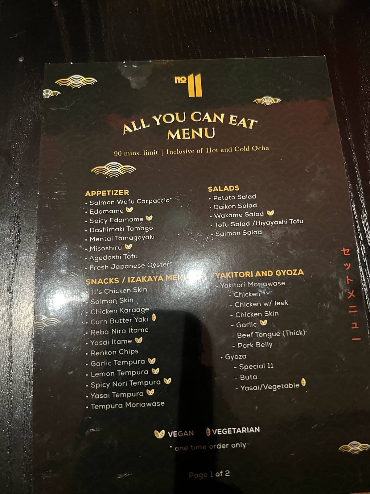 Menu at No. 11 (Eleven Jakarta) pub & bar, South Jakarta, Sopo Del Tower