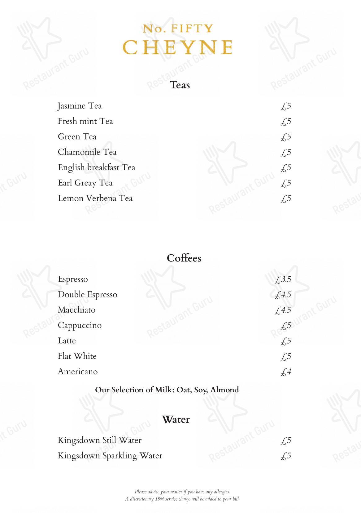 Menu at No. Fifty Cheyne pub & bar, London, 50 Cheyne Walk