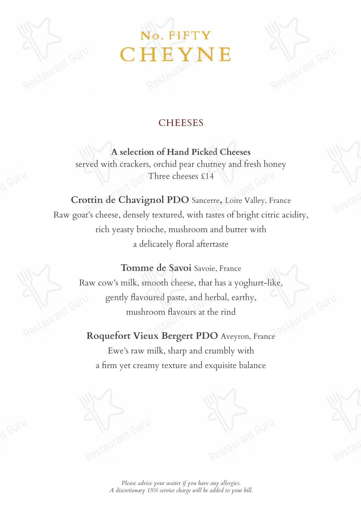Menu at No. Fifty Cheyne pub & bar, London, 50 Cheyne Walk