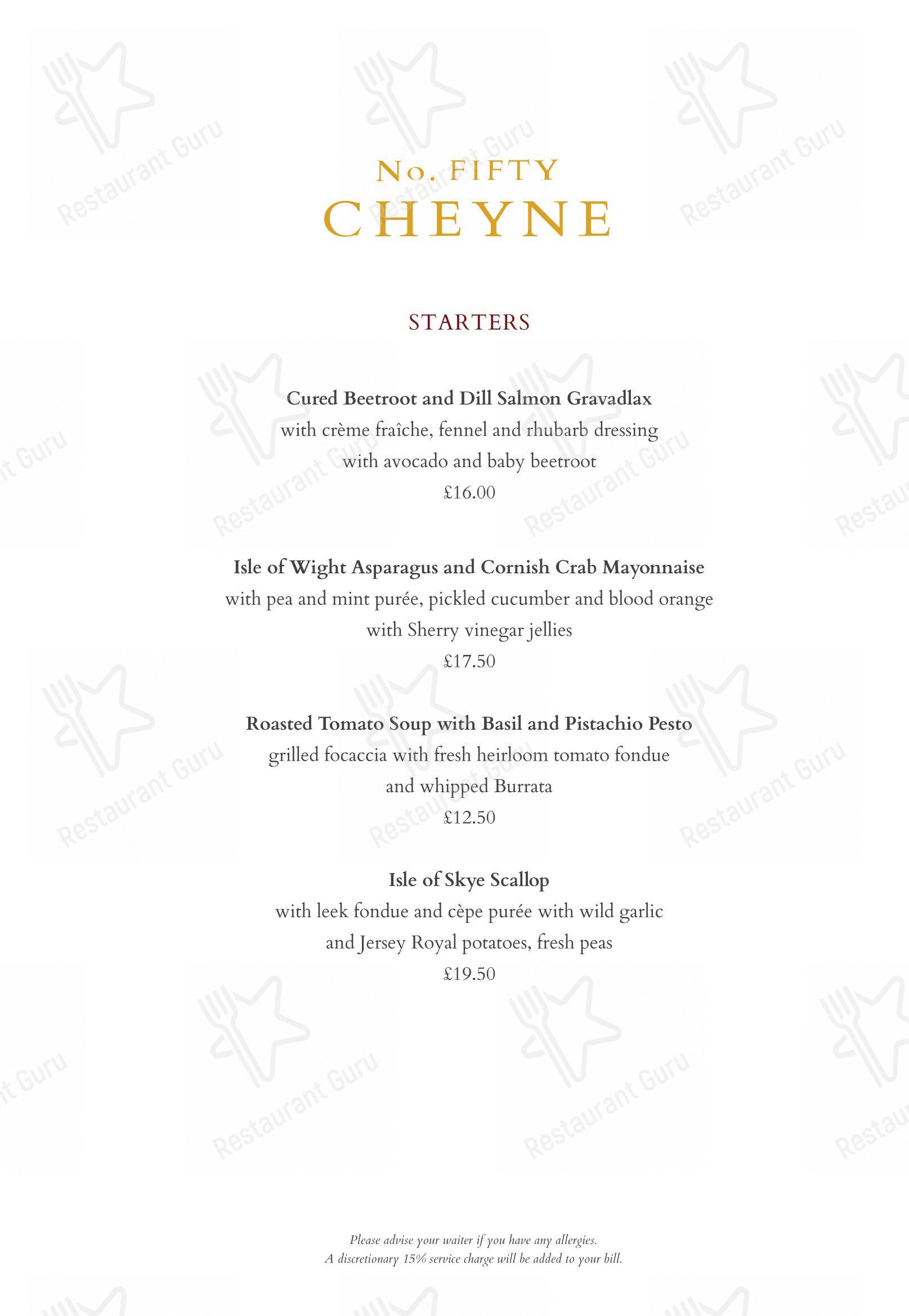 Menu at No. Fifty Cheyne pub & bar, London, 50 Cheyne Walk