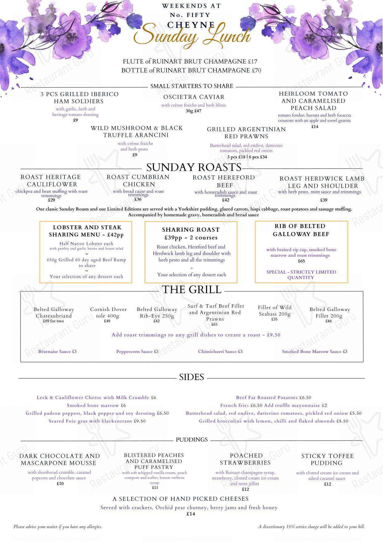 Menu at No. Fifty Cheyne pub & bar, London, 50 Cheyne Walk