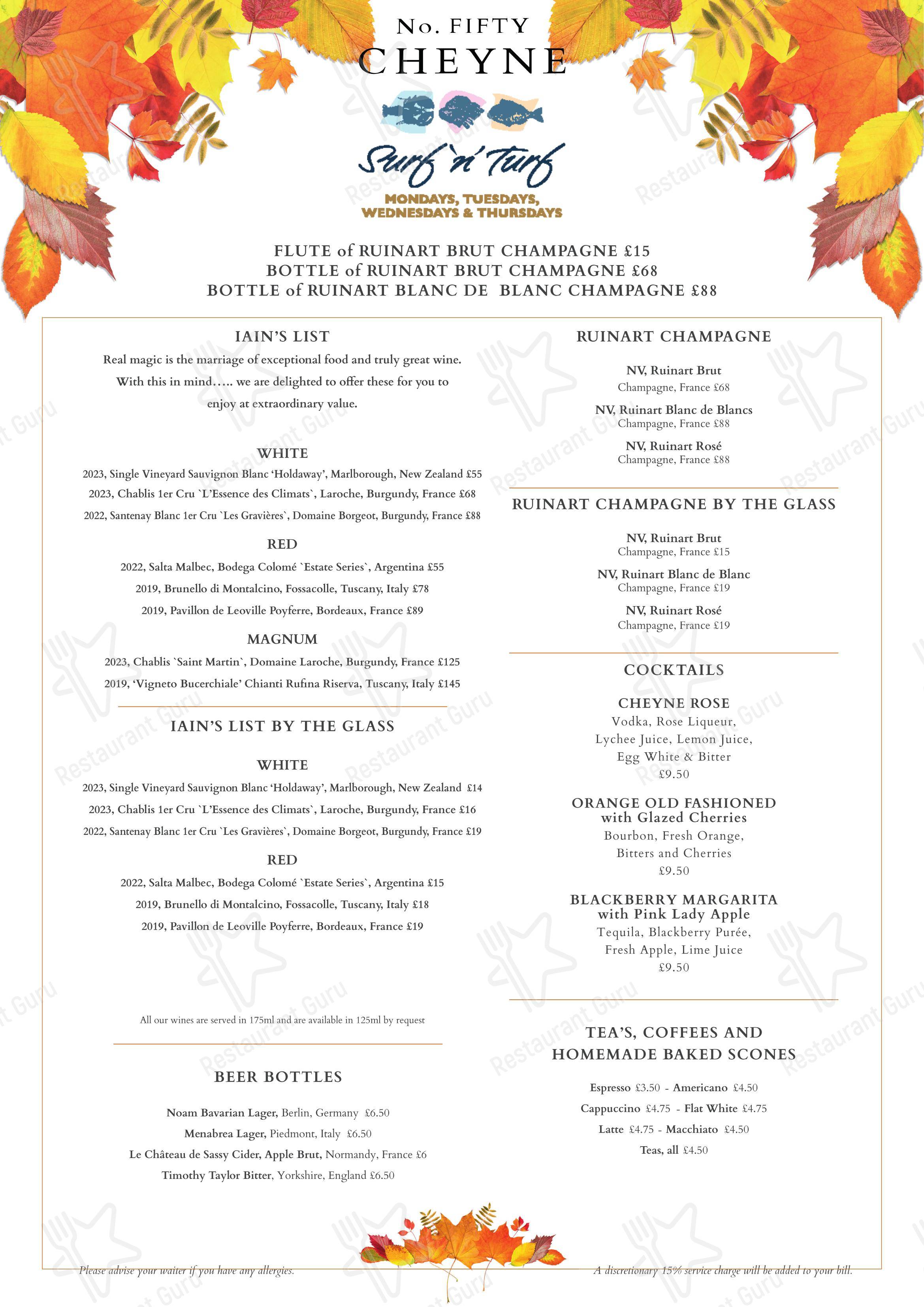 Menu at No. Fifty Cheyne pub & bar, London, 50 Cheyne Walk