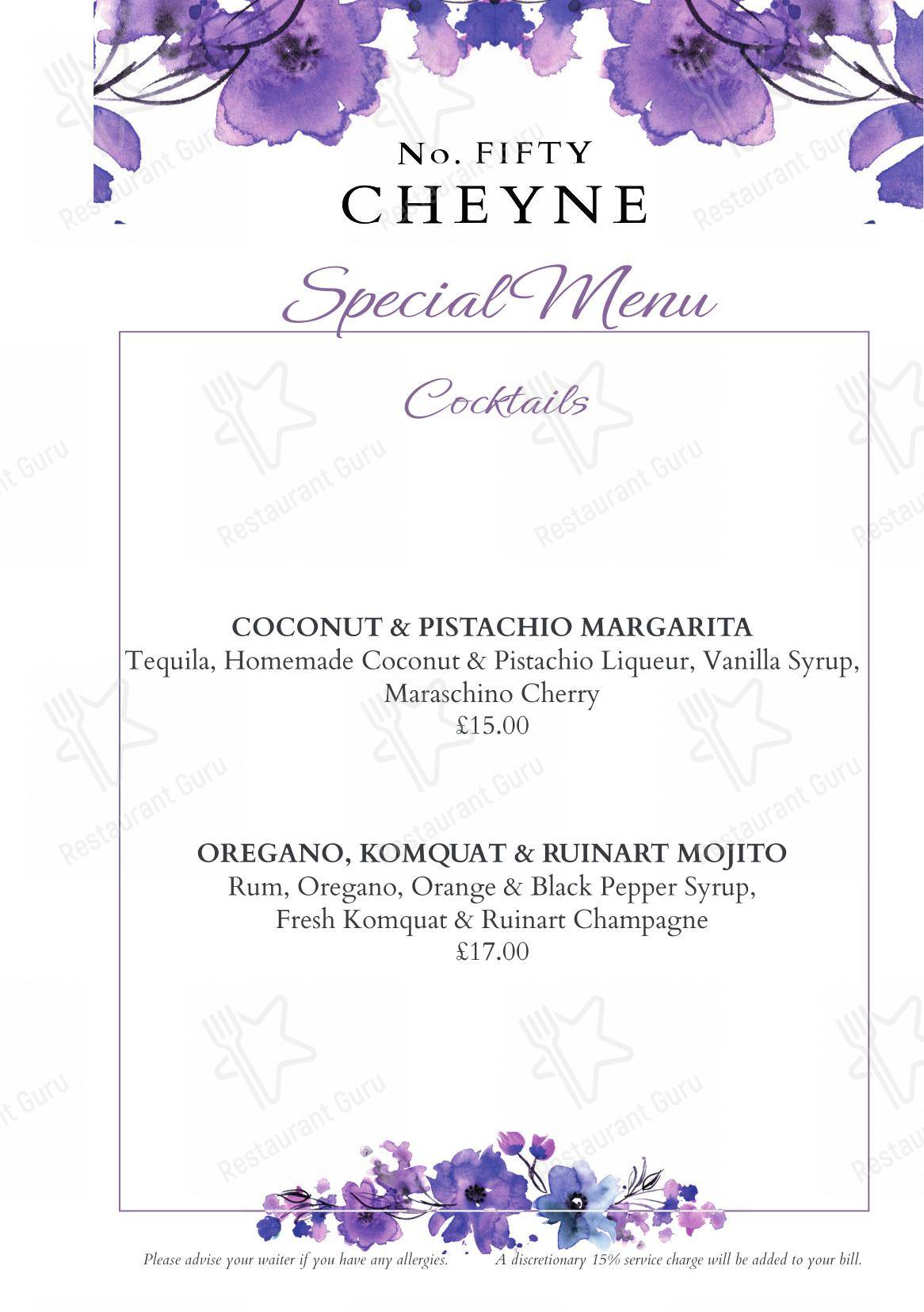 Menu at No. Fifty Cheyne pub & bar, London, 50 Cheyne Walk