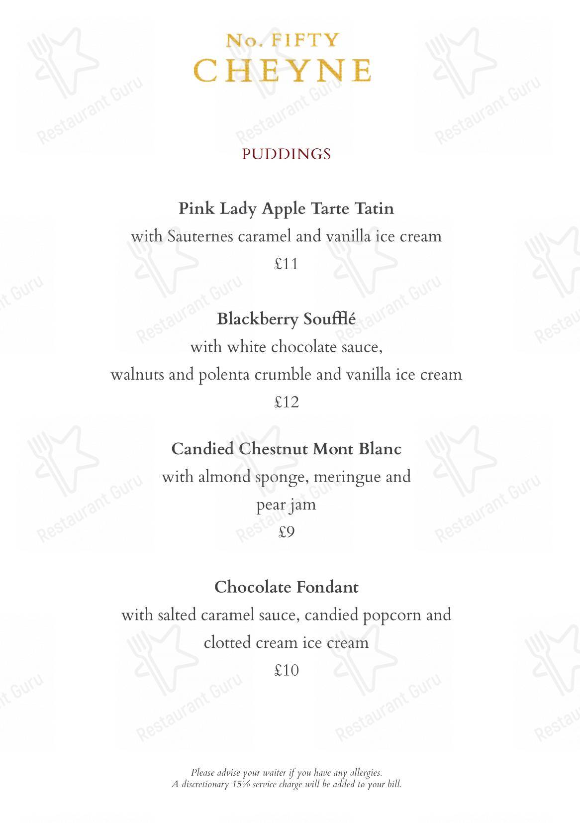 Menu at No. Fifty Cheyne pub & bar, London, 50 Cheyne Walk