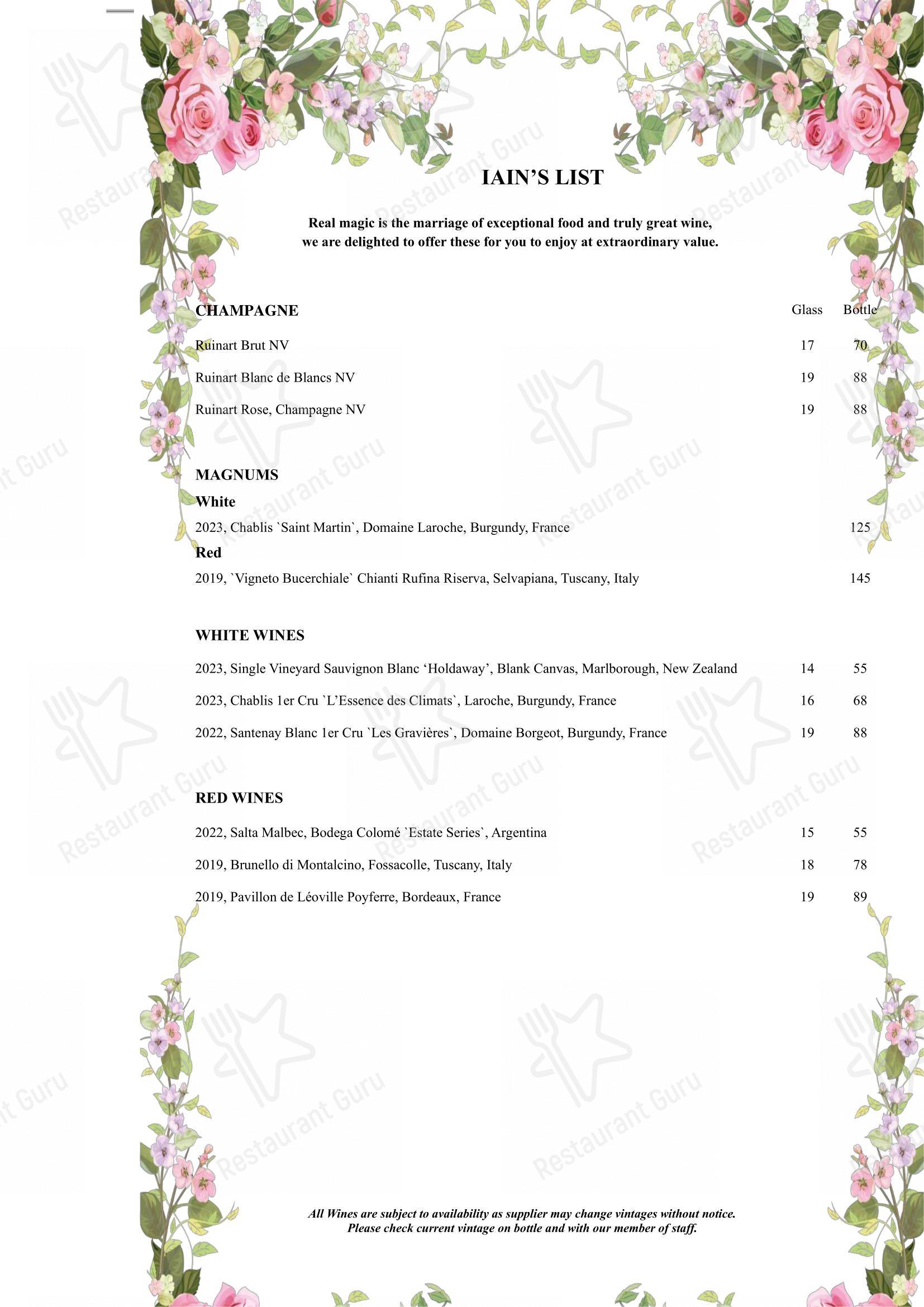 Menu at No. Fifty Cheyne pub & bar, London, 50 Cheyne Walk