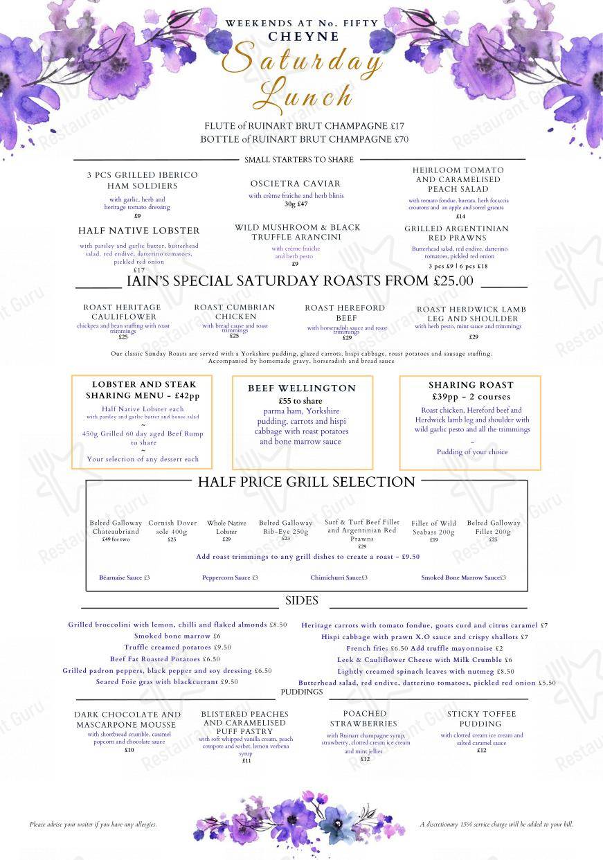 Menu at No. Fifty Cheyne pub & bar, London, 50 Cheyne Walk
