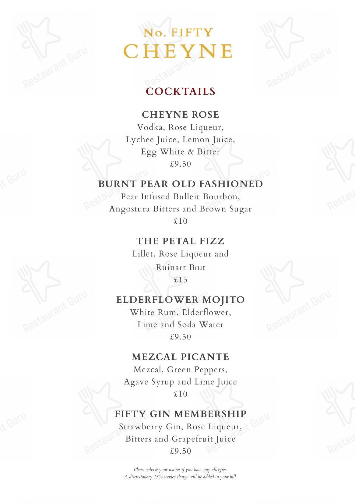 Menu at No. Fifty Cheyne pub & bar, London, 50 Cheyne Walk
