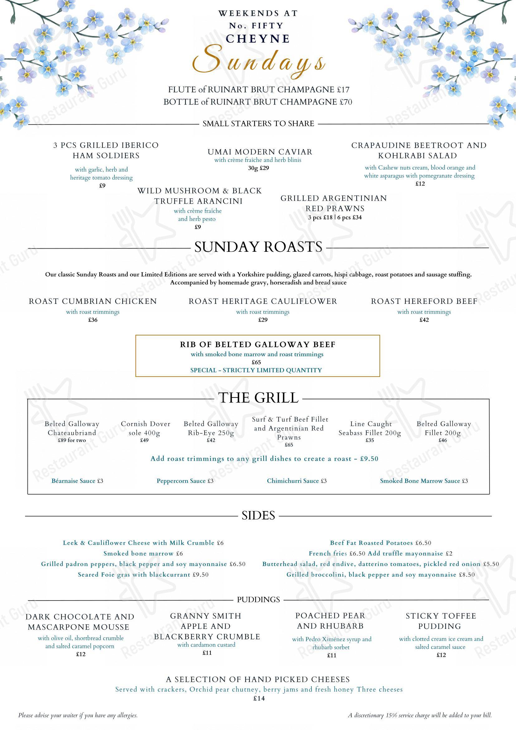 Menu at No. Fifty Cheyne pub & bar, London, 50 Cheyne Walk