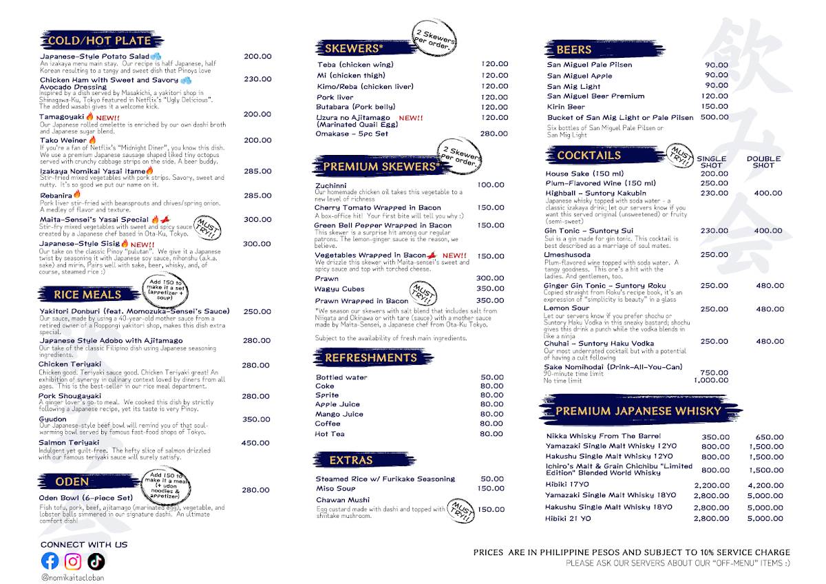 Menu at Nomikai Tacloban pub & bar, Tacloban City