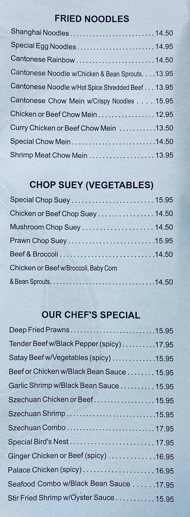 Menu at Noodle Hut restaurant, Dawson Creek