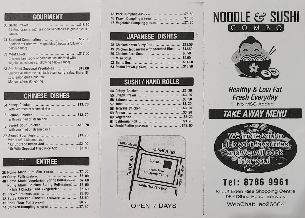 Menu at Noodles & Sushi Combo restaurant, Berwick