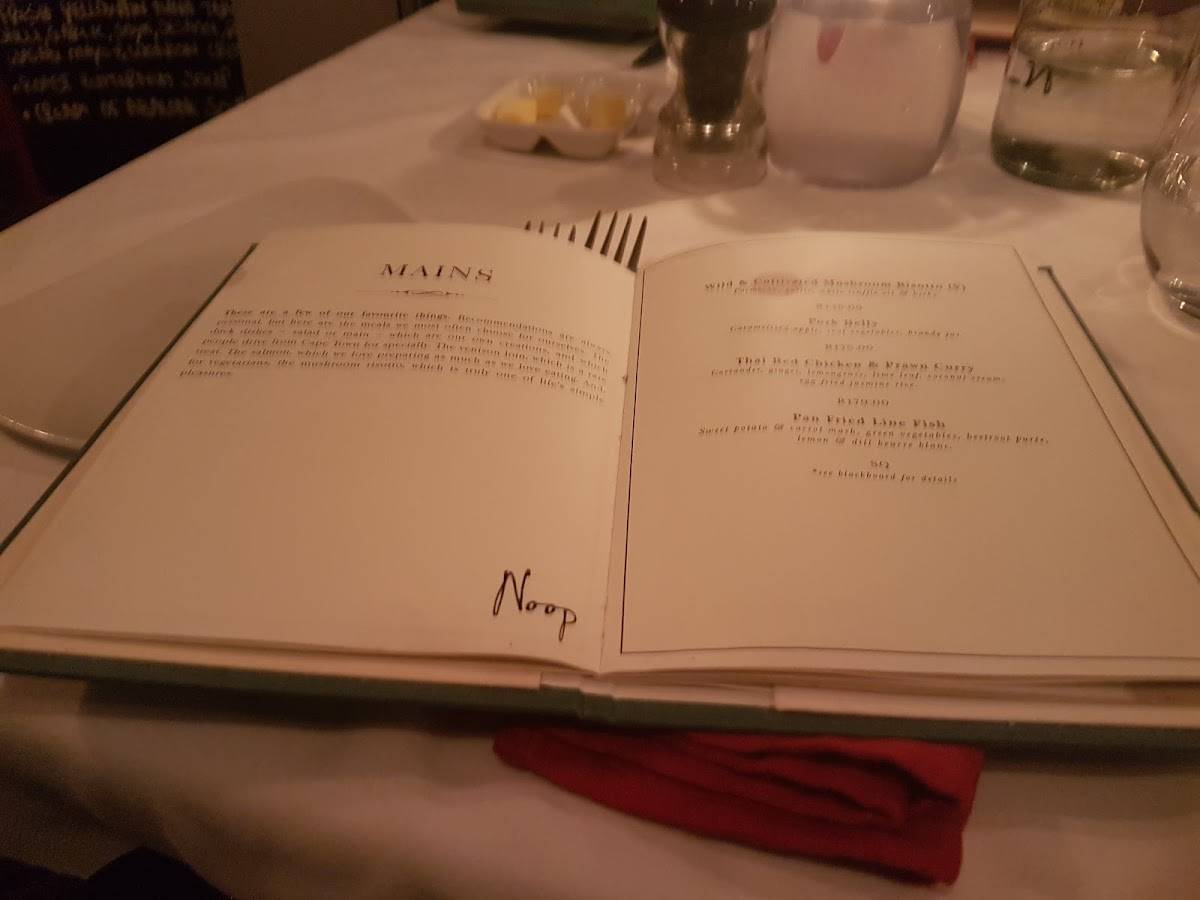 Menu at Noop restaurant, Paarl