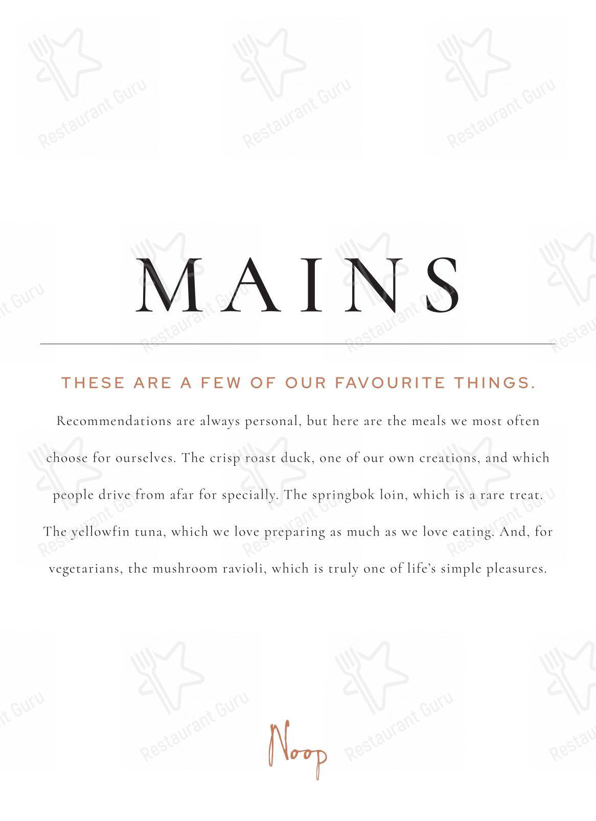 Menu bij Noop restaurant, Parel