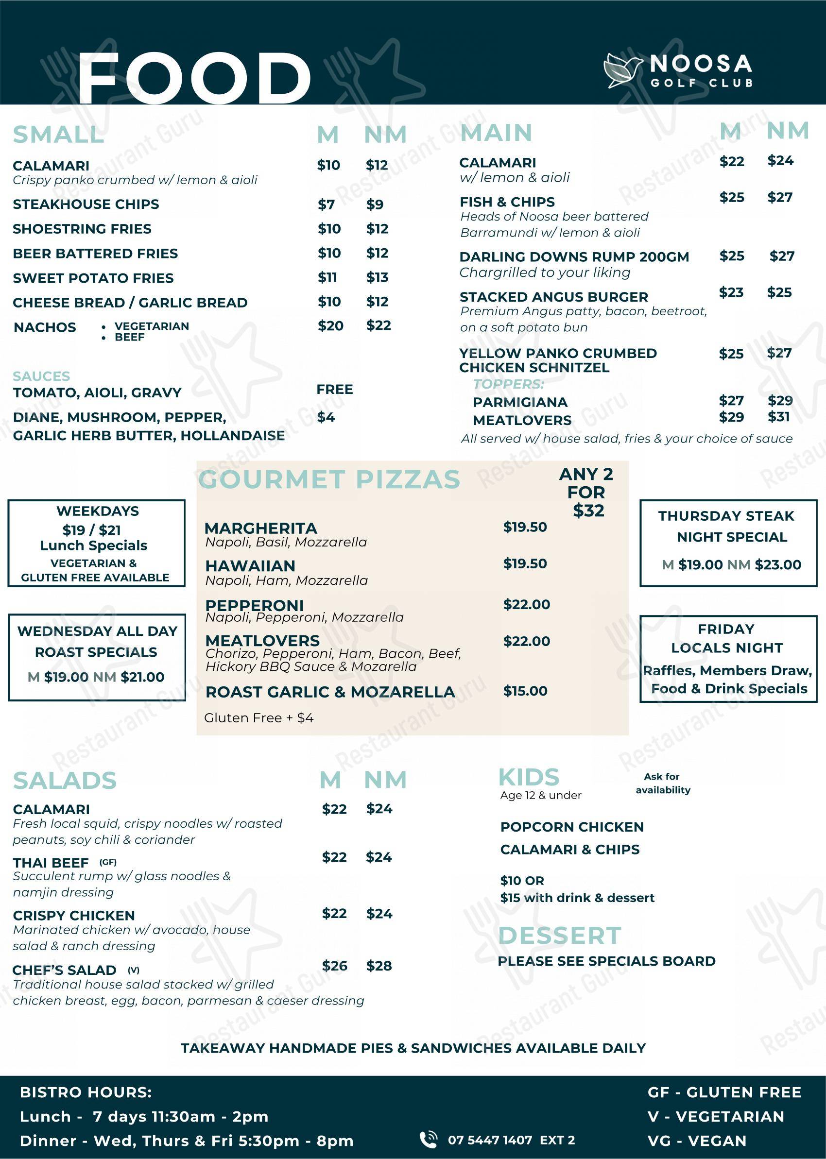 Menu at Noosa Golf Club Bistro, Tewantin