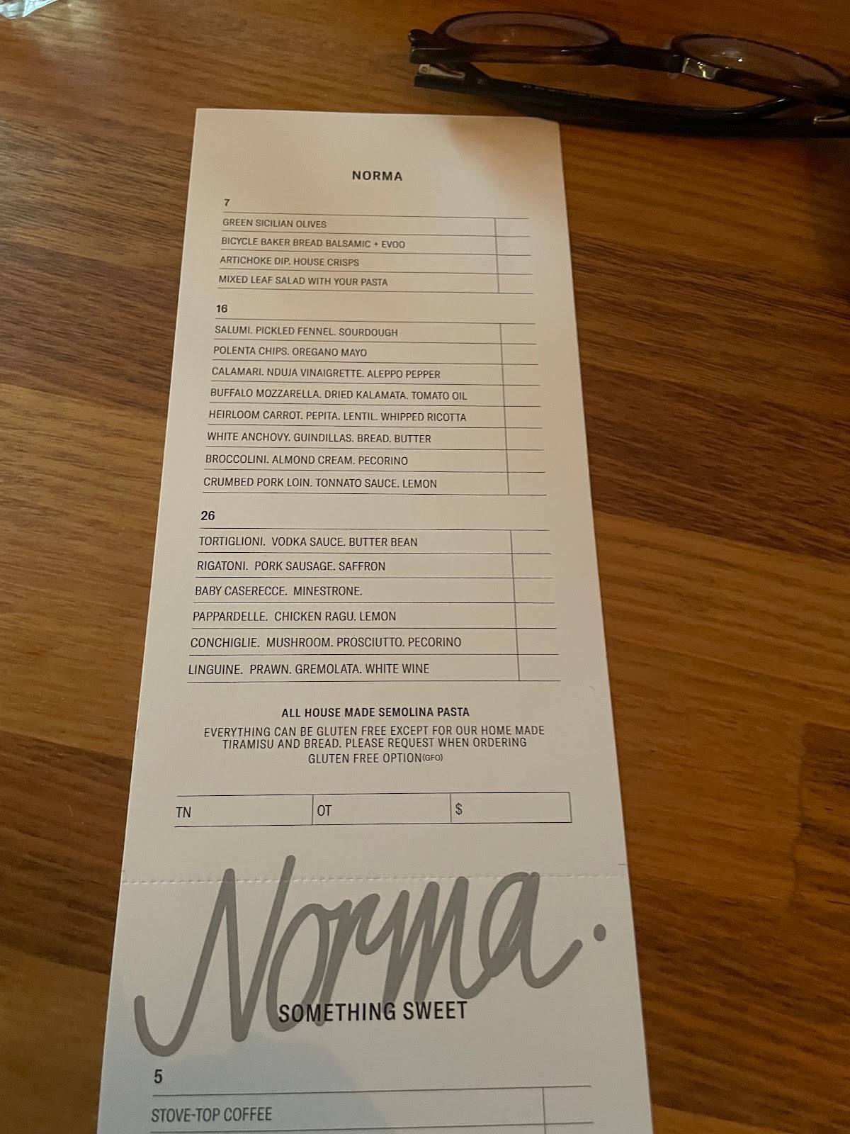 Menu at Norma restaurant, Albury