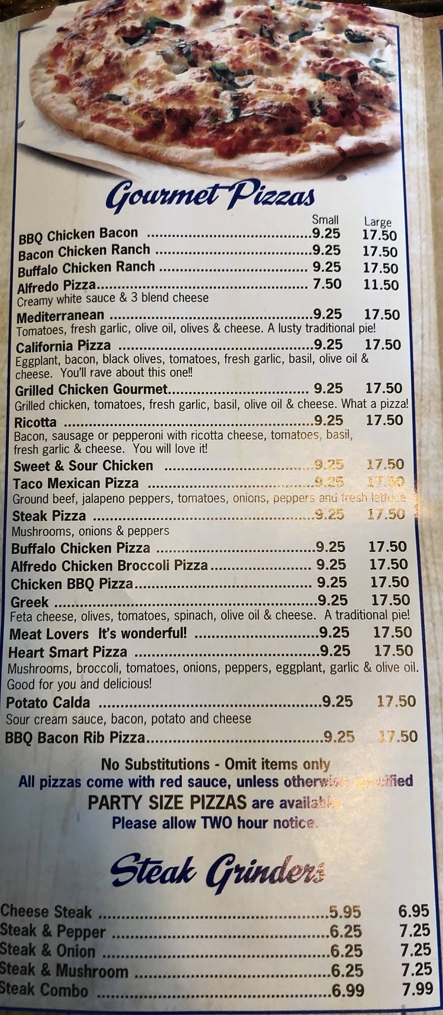 Menu at North Brookfield Pizza Palace pizzeria, North Brookfield, 60 ...