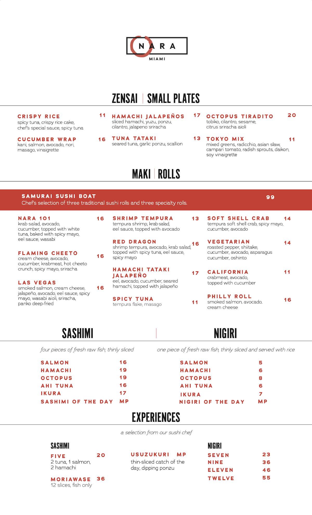 Menu at Nara Sushi restaurant, North Miami Beach