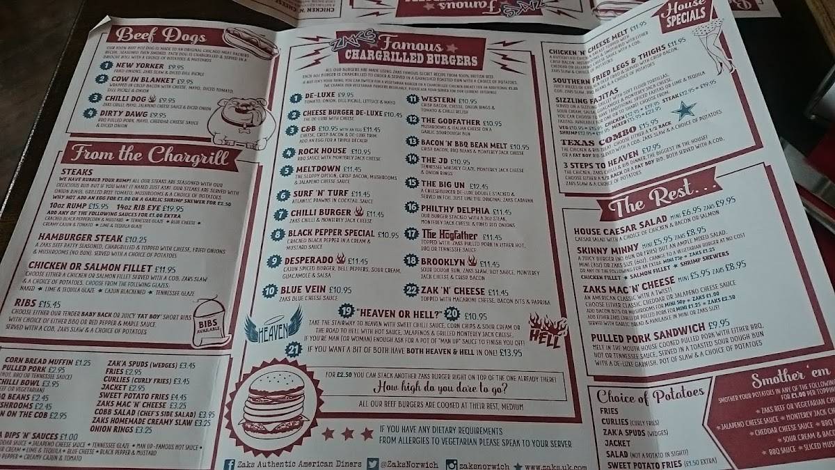 Menu at Zaks Mousehold Diner restaurant, Norwich