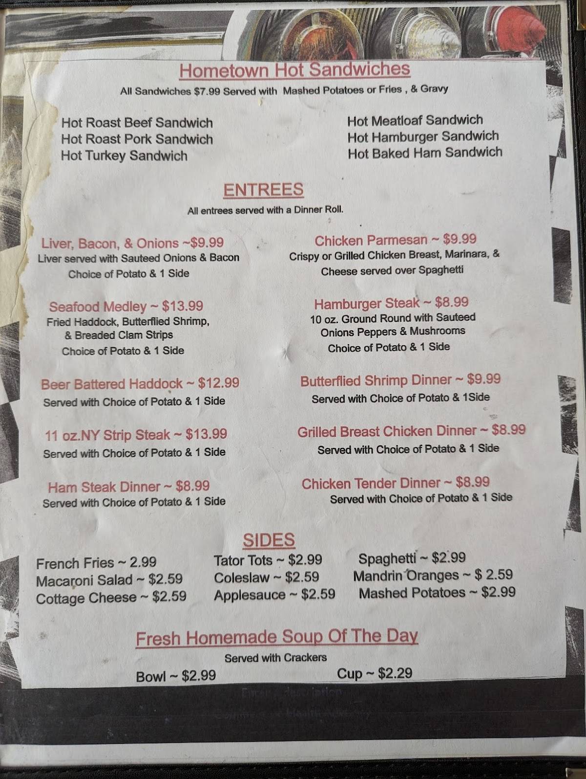 Menu at Hometown Cafe, Norwood