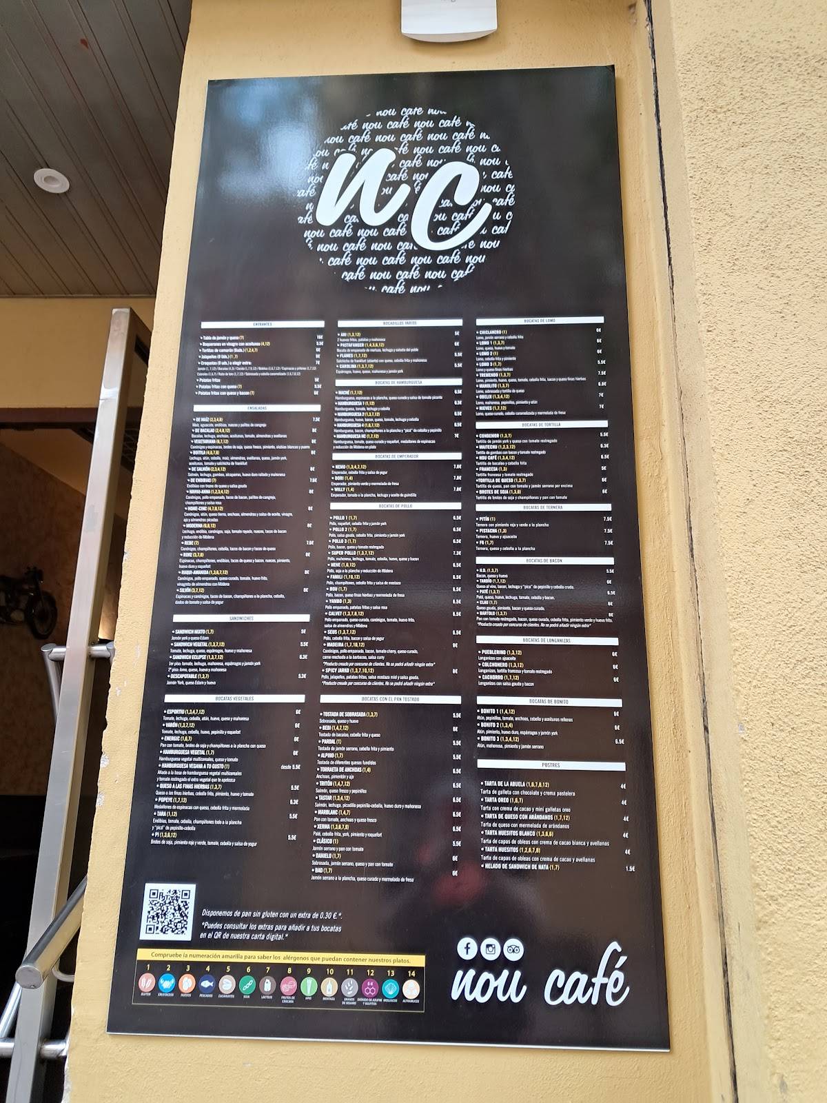 Carta de cafetería Nou Cafè, Benicasim