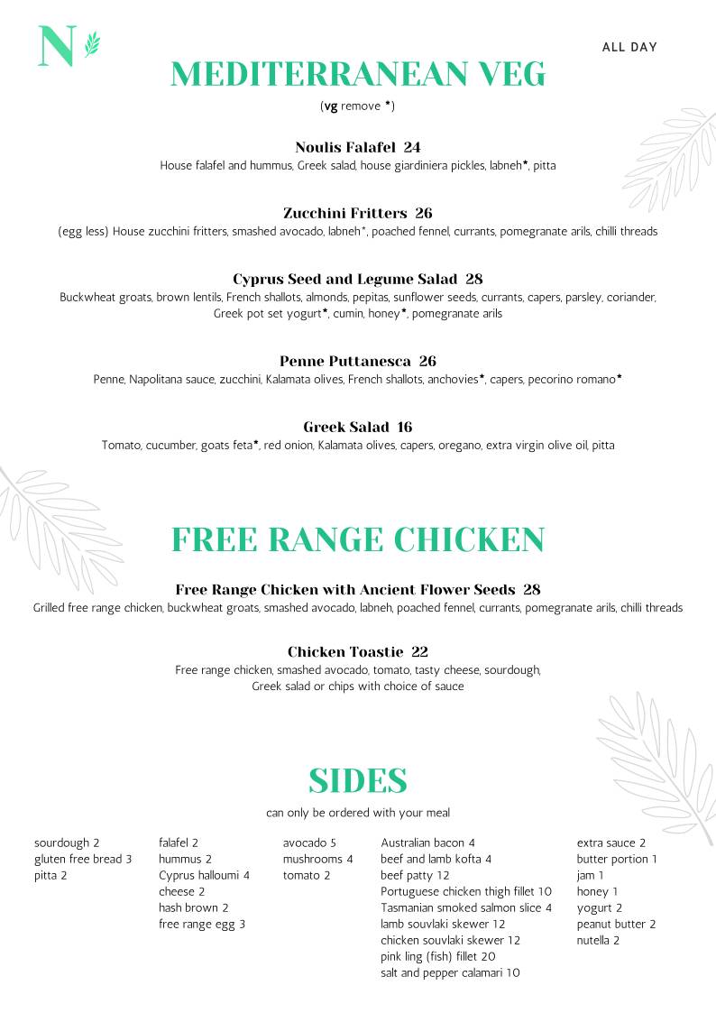 Menu at Nouli's Cafe, La Perouse