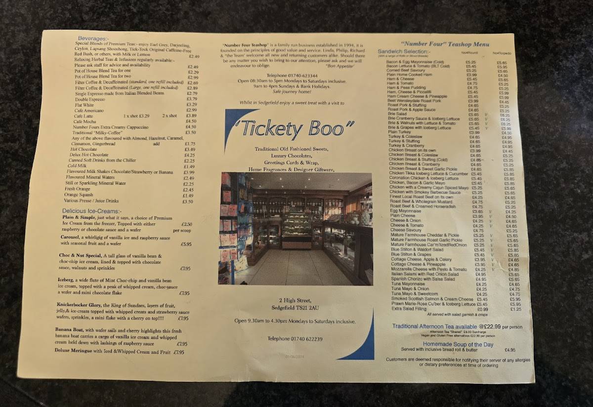 Menu at Number Four Sedgefield cafe, Stockton-on-Tees