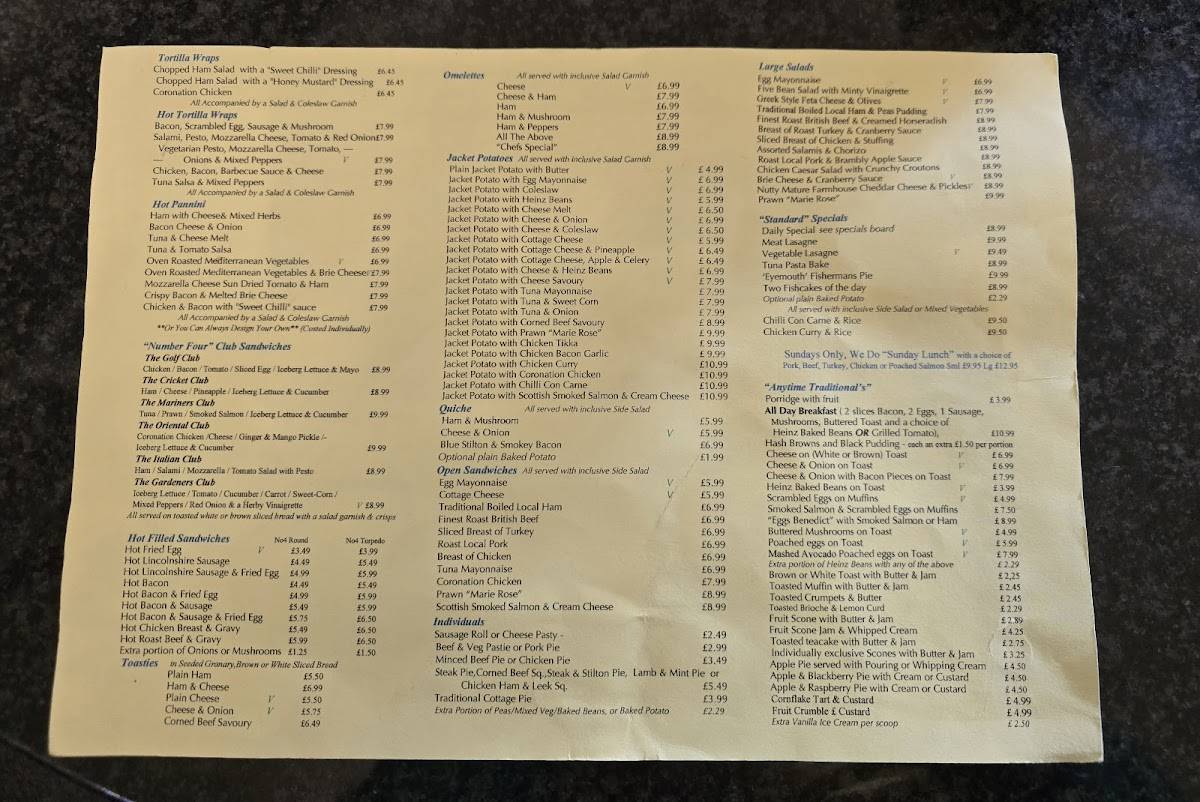 Menu at Number Four Sedgefield cafe, Stockton-on-Tees